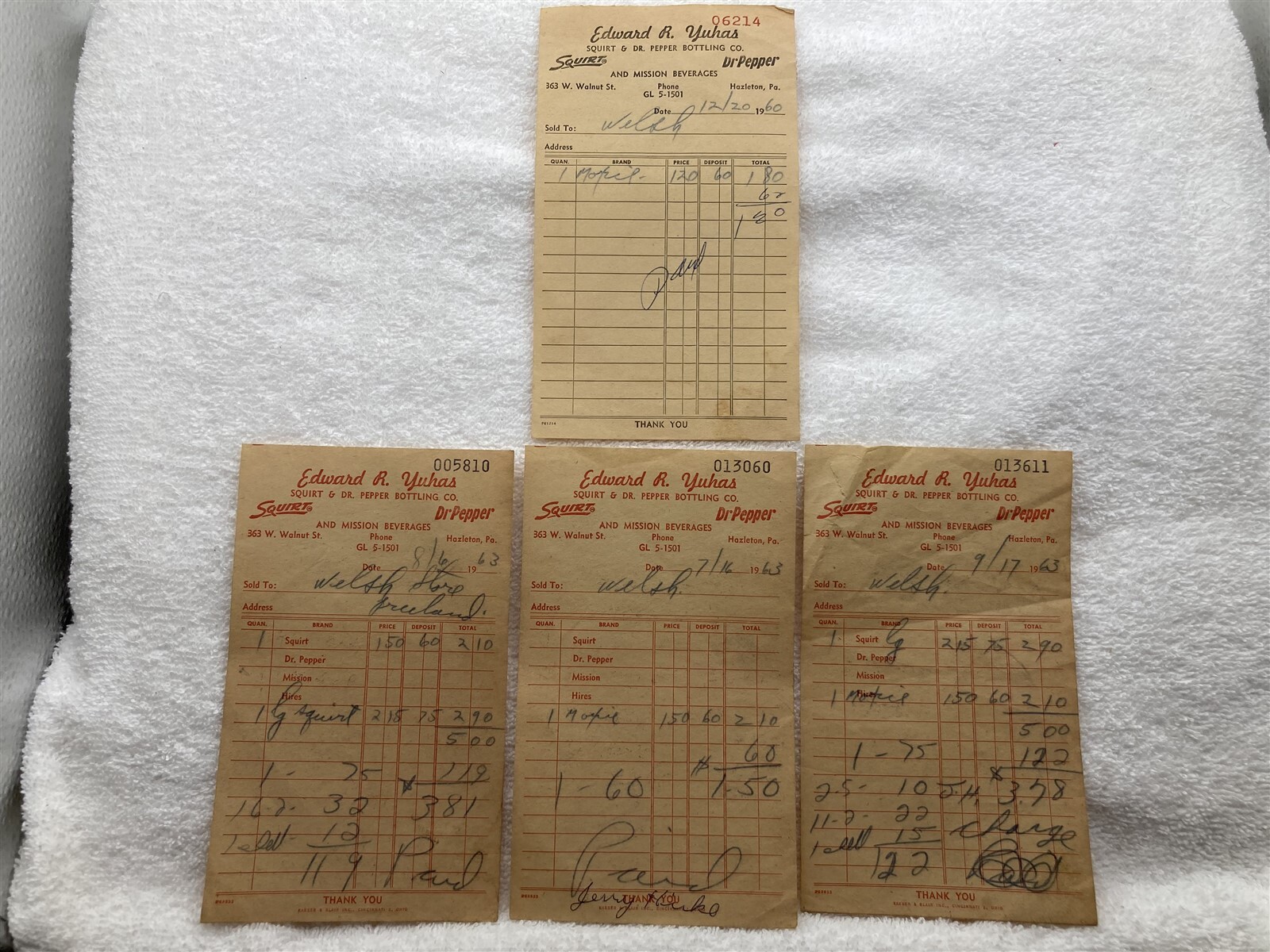 1960 Edward R Yuhas Squirt Dr. Pepper Bottling Receipts Hazleton PA Vtg ...