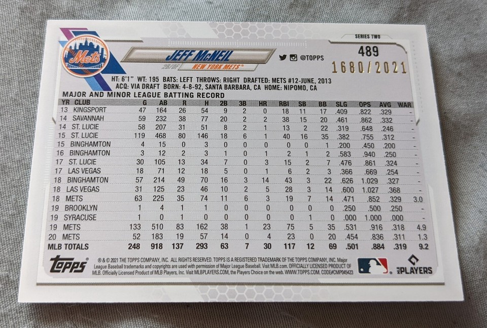 2021 Topps Series Two Jeff McNeil Gold Parallel New York Mets | eBay