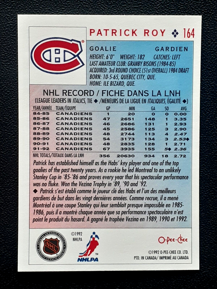PATRICK ROY 1992-93 O-PEE-CHEE 92-93 NO 164 31767 | eBay