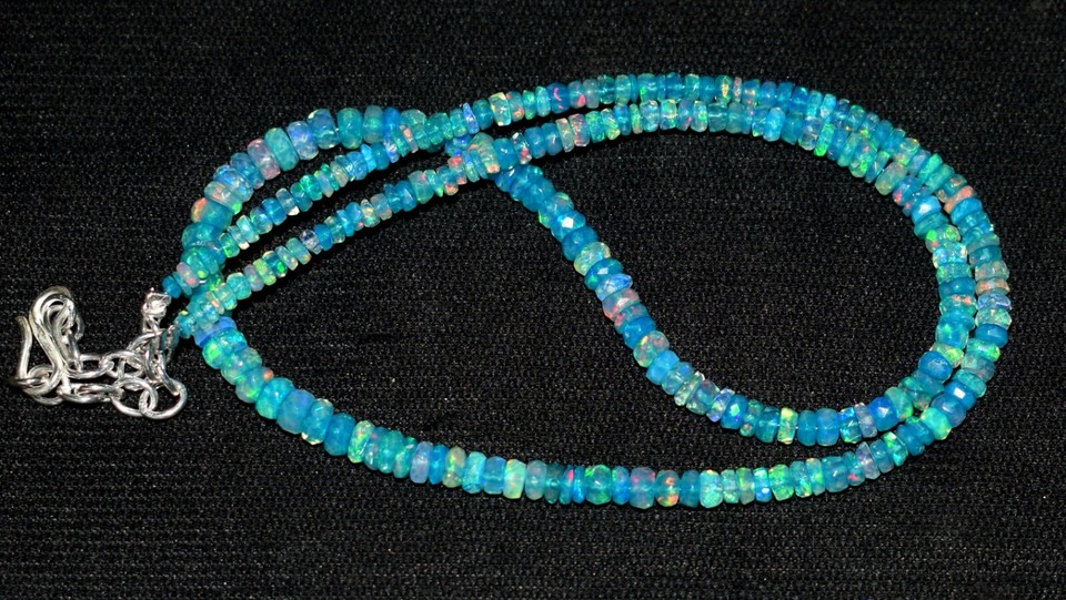 16"Natural Ethiopian Blue Faceted Opal Gemstone Beads Necklace 925 ...