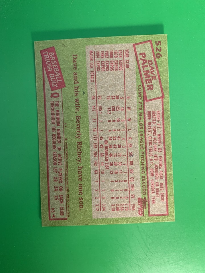 1985 Topps David Palmer #526 Montreal Expos | eBay