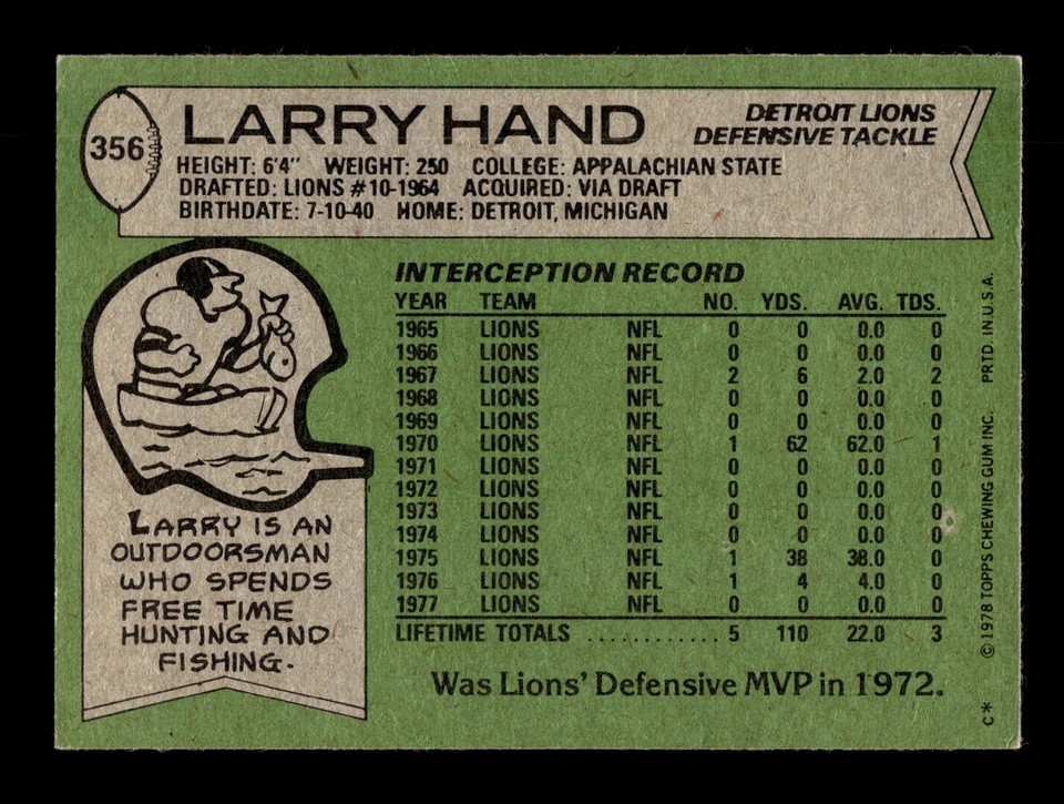 1978 Topps Football #356 Larry Hand Detroit Lions | eBay
