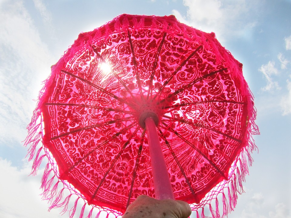 28" diameter colorful fringed fabric PARASOL, hand-made wood Balinese ...