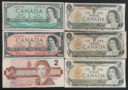 Lot of Six Bank of Canada paper notes! Four $1's, two $2! | eBay
