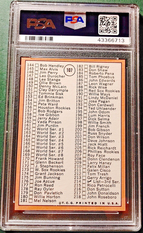 1969 Topps Baseball Cards #107 Checklist 110-218 161 Jim Purdin PSA 9 ...
