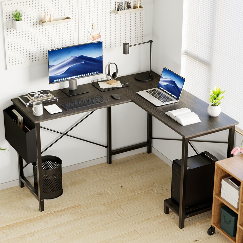 L Shaped Modern Computer Desk with Side Storage Bag,Wood Corner PC ...