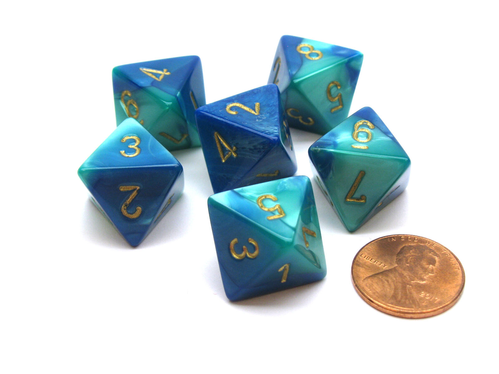 Gemini 15mm 8 Sided D8 Chessex Dice, 6 Pieces - Blue-Teal with Gold ...