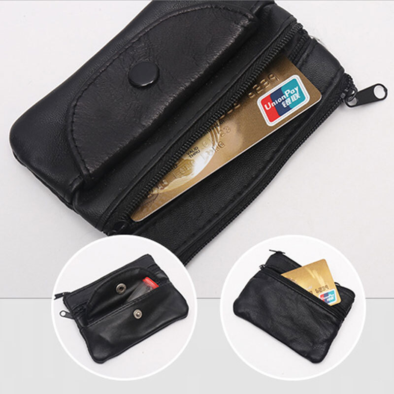 Black Genuine Leather Coin Purse Women's Wallet Zipper Coin Bag Key ...