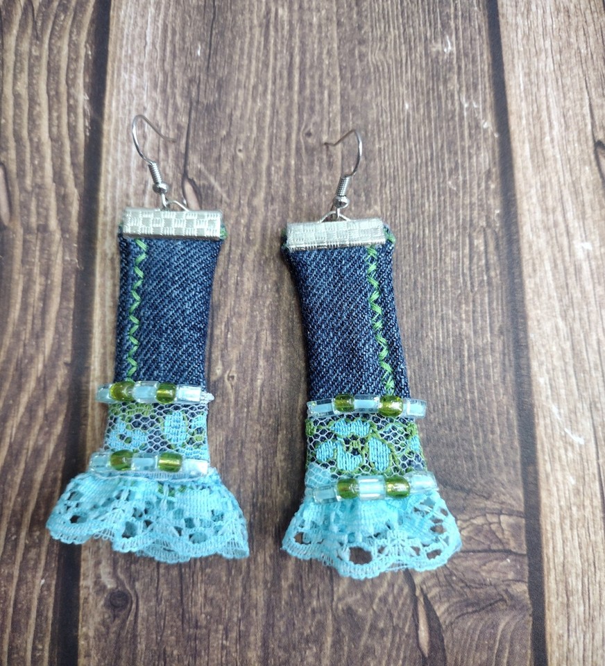 Retro Denim Fabric Jewelry Set, Upcycled Blue Jean Necklace, Bracelet ...