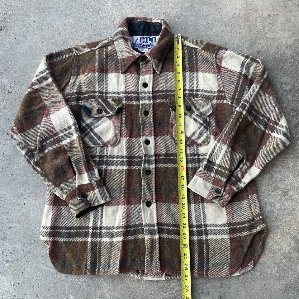 Vtg 70s CPO Naval Buttons Wool Linen Flannel Button Down Shirt Plaid MD ...
