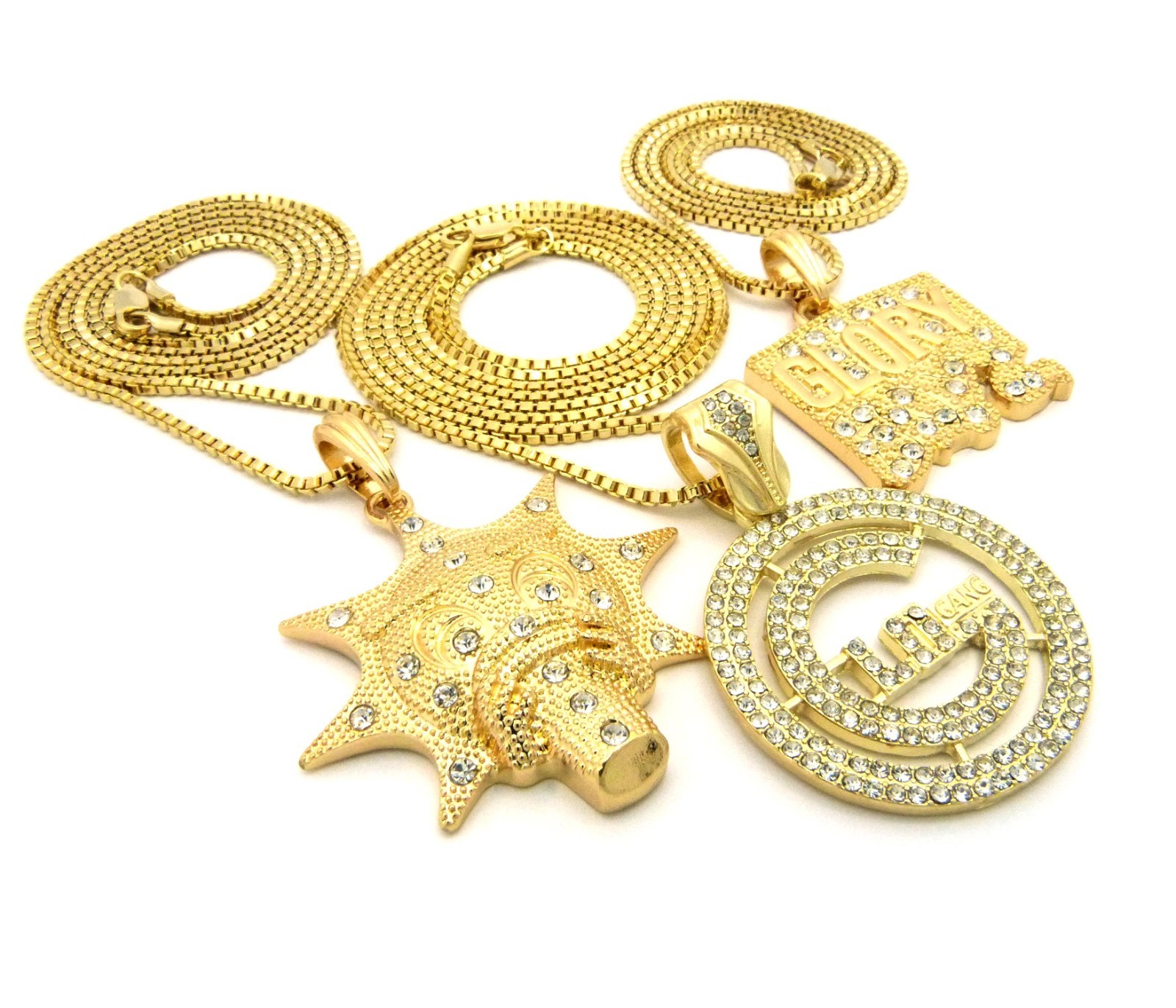 NEW GLO GANG & GLORY BOYZ PENDANTS &BOX CHAINS 3 NECKLACES SET - RC1242 ...