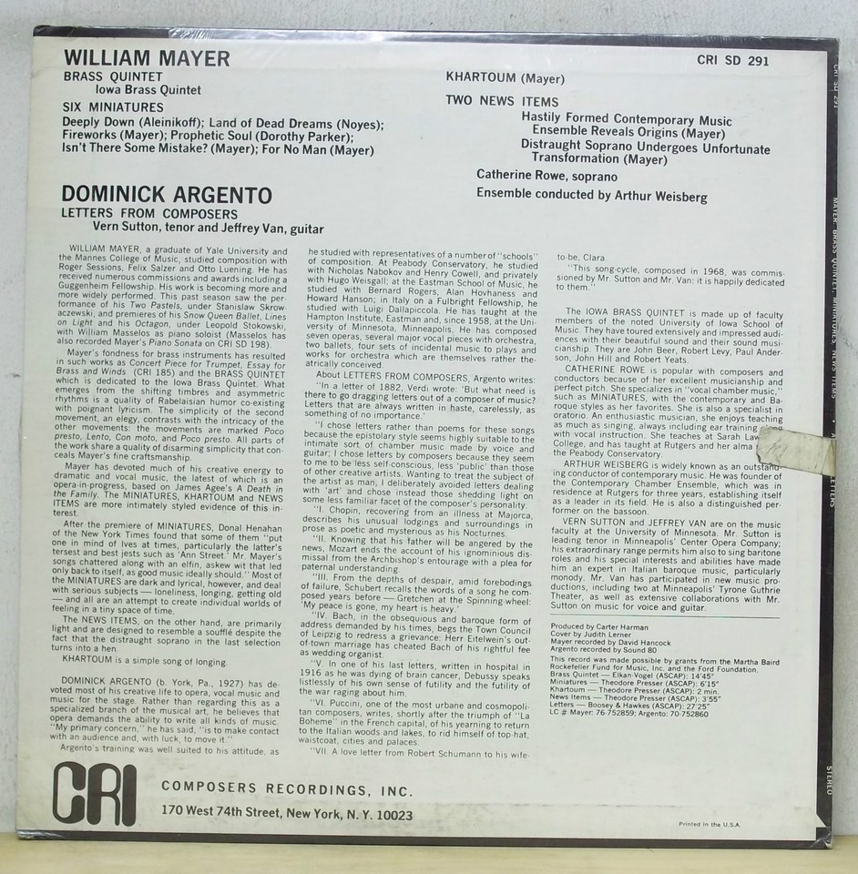 WILLIAM MAYER/DOMINICK ARGENTO - CRI 291 SEALED | eBay