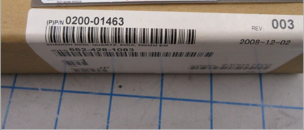 0200-01463 / SHADOW RING, QUARTZ, 63RA, 200MM EM / APPLIED MATERIALS ...