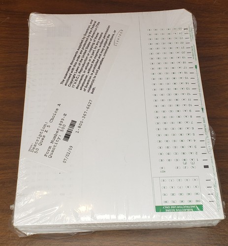 500 NEW Scantron Test Sheets 899-E, 50 questions 5 choices + workspace ...