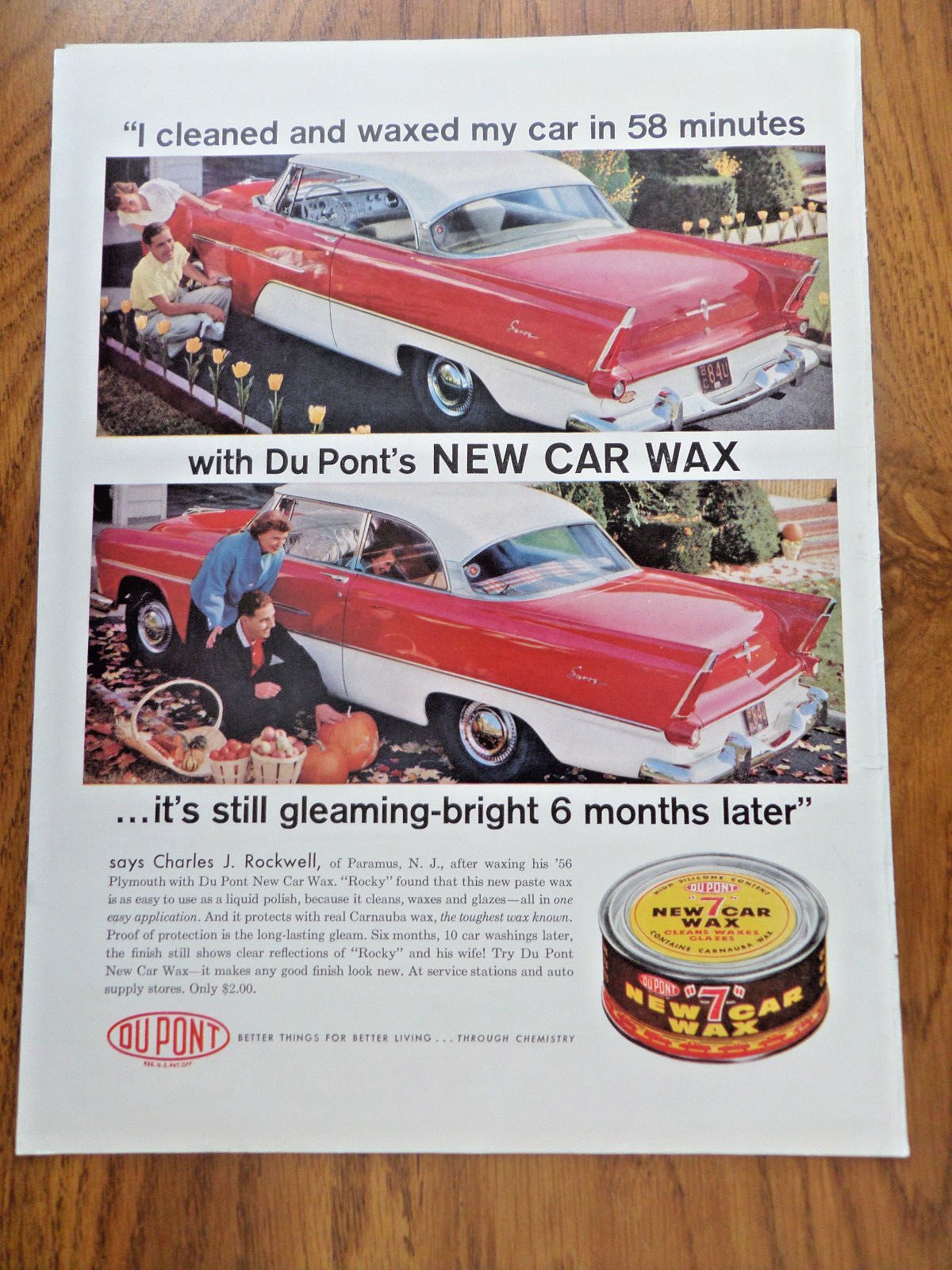 1958 Du Pont Car Wax Ad 1956 Plymouth Charles Rockwell Paramus New York ...