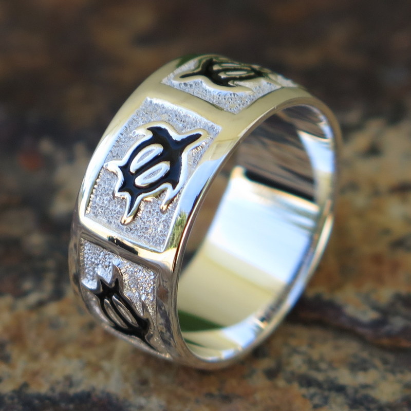 Hawaiian 925K Sterling Silver Black Honu Sea Turtle Wedding Ring Band ...