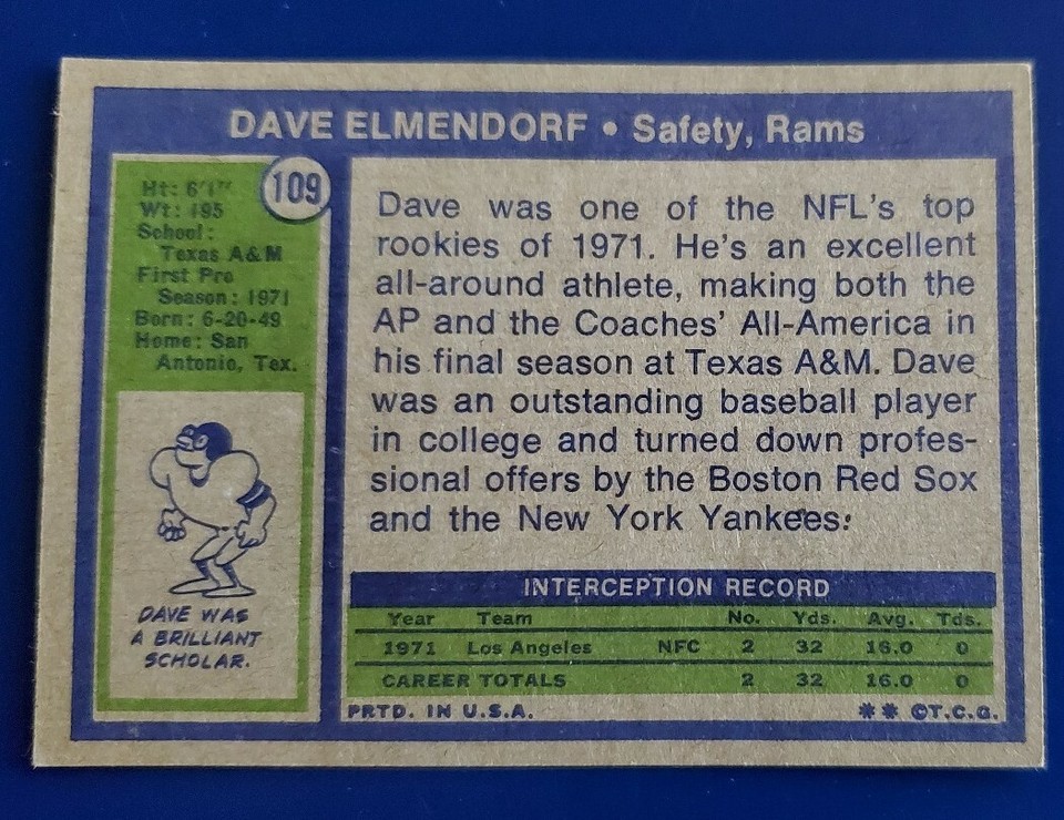 1972 Topps Dave Elmendorf Los Angeles Rams #109 RC | eBay