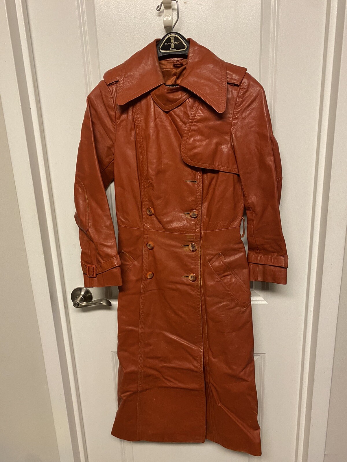 Vintage 50s Women’s Rust Red Leather Trench Coat Size… - Gem