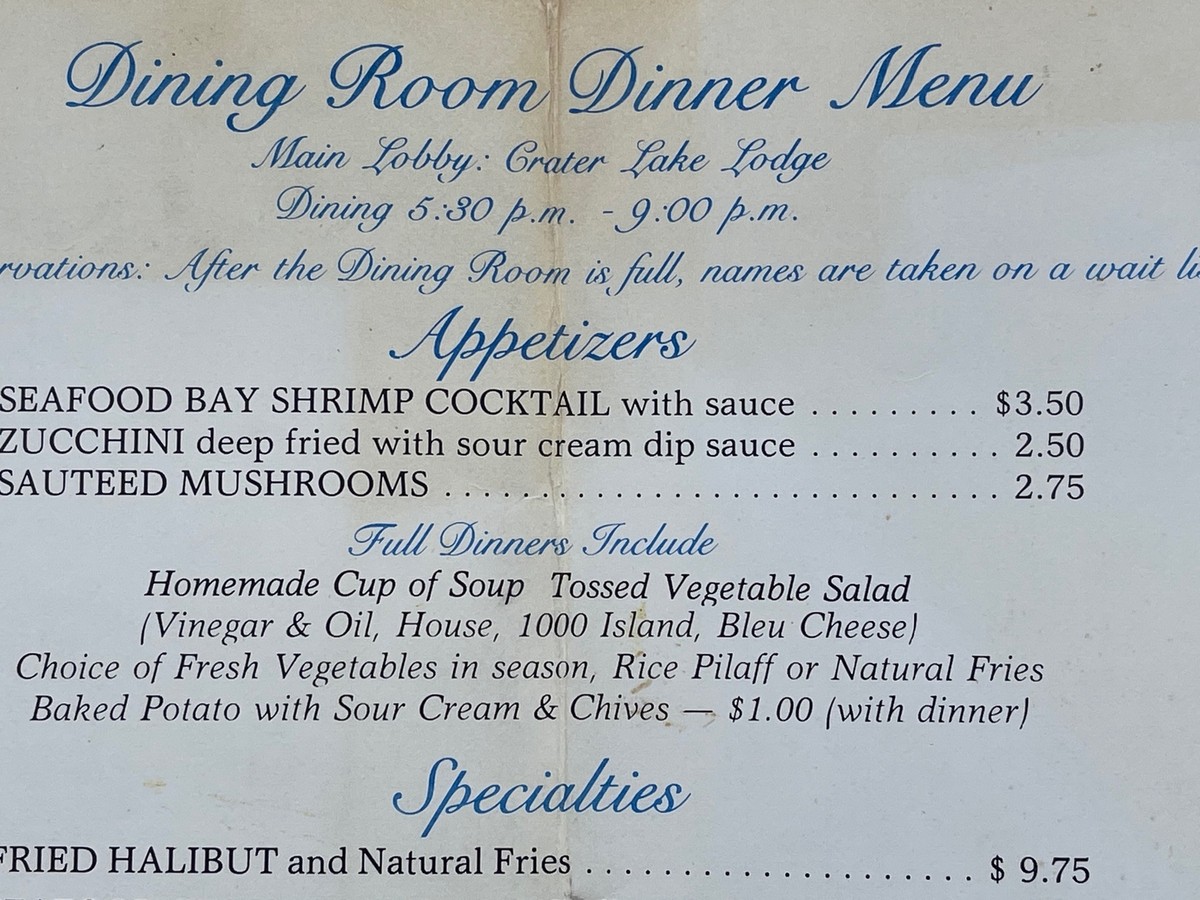 Crater Lake Lodge Dining Room Menu