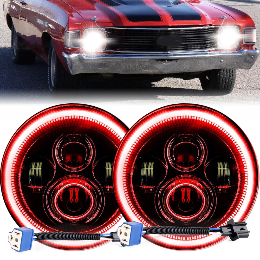 Pair 7INCH Round LED Red Halo Headlights HI/LO Fit Chevy Chevelle 1971 ...