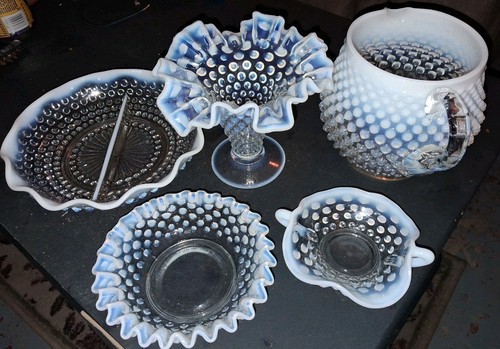 Vintage Fenton Moonstone Opalescent Hobnail Glass 5 Piece Set - Good ...