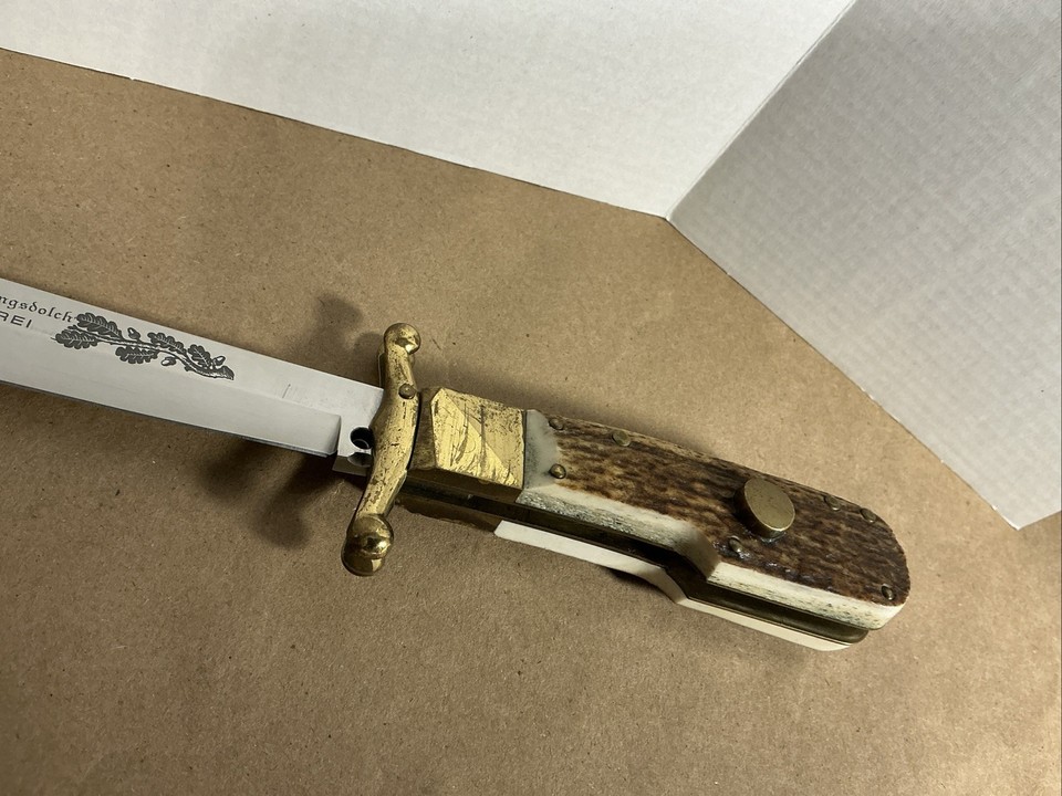 Vintage German Stag Handle Folding Bowie Hunting Knife Germany | eBay