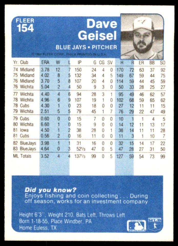 1984 Fleer Dave Geisel Toronto Blue Jays #154 | eBay