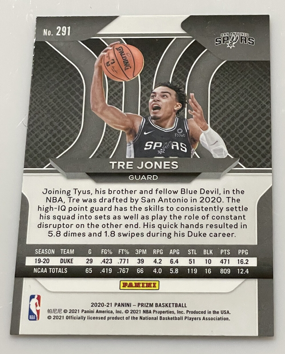 NBA 2020/2021 Panini Prizm TRE Jones Rookie/spurs Basketball 🏀 Card No ...