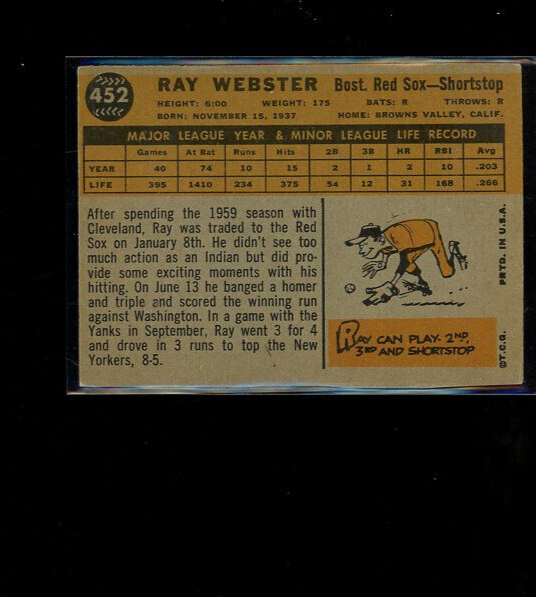 1960 Topps #452 Ray Webster Boston Red Sox | eBay