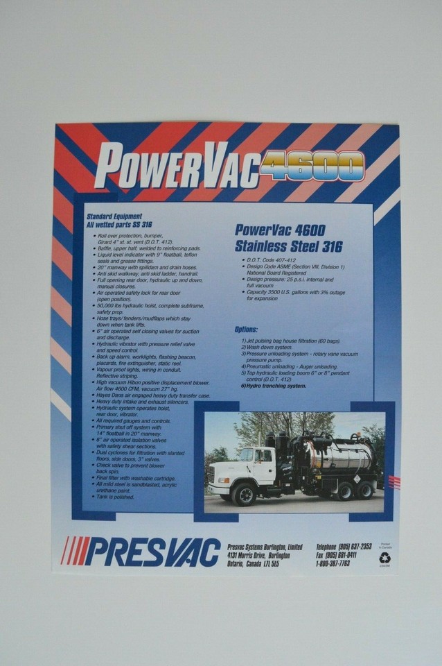 PRESVAC PowerVac 4600 1994 dealer sheet brochure - English - Canada | eBay