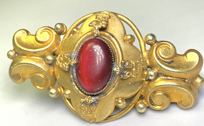Vintage Victorian Red Cabochon Filigree Yellow Gold Plated Bar Brooch ...