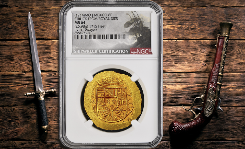 KIP WAGNER'S PERSONAL MEXICO 1714 8 ESCUDOS 1715 FLEET SHIPWRECK NGC 64 ...