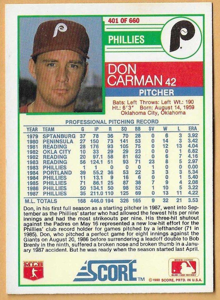 DON CARMAN PHILADELPHIA PHILLIES #401 - SCORE NM-MT 1988 | eBay