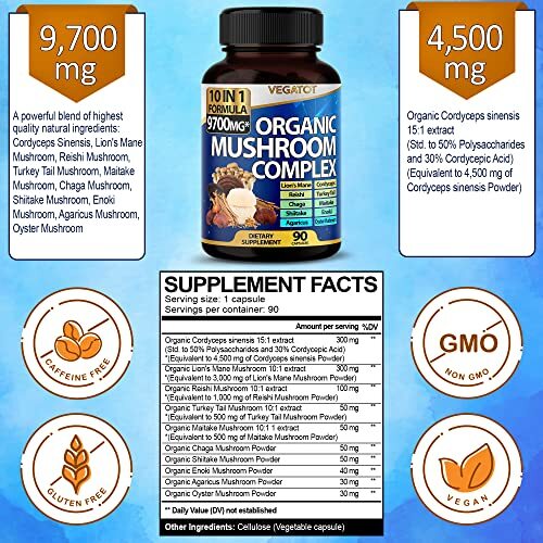 Mushroom Complex Supplement 9700mg/Pill 90 Capsules 11 Herbs Lions Mane ...
