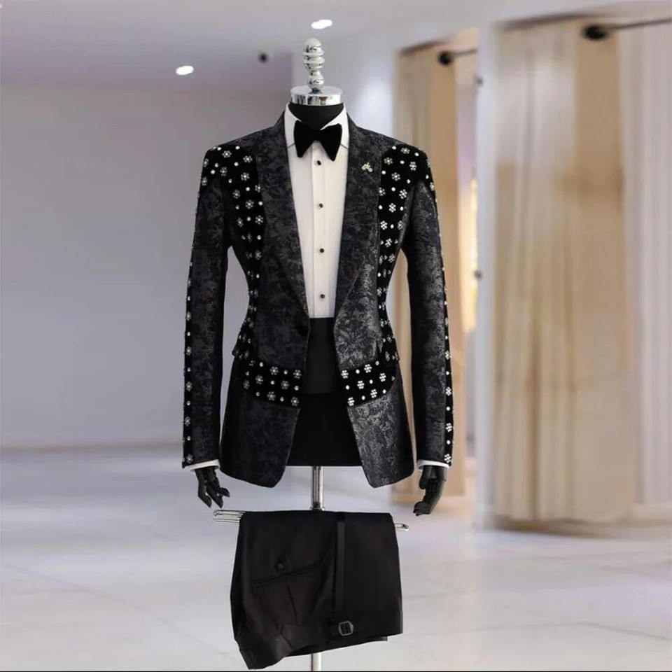 Elegant Groom Tuxedos Sparkling Crystals Beaded Wedding Suits Slim Fit ...