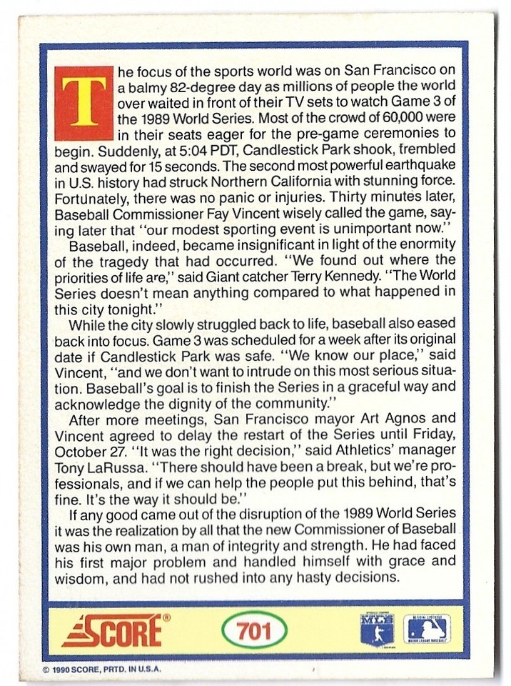 CANDLESTICK PARK 1989 WORLD SERIES EARTHQUAKE 1990 SCORE BASEBALL CARD ...