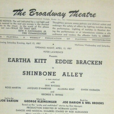 Shibone Alley Playbill INSERT from Opening Night 1957 Eartha Kitt Eddie ...