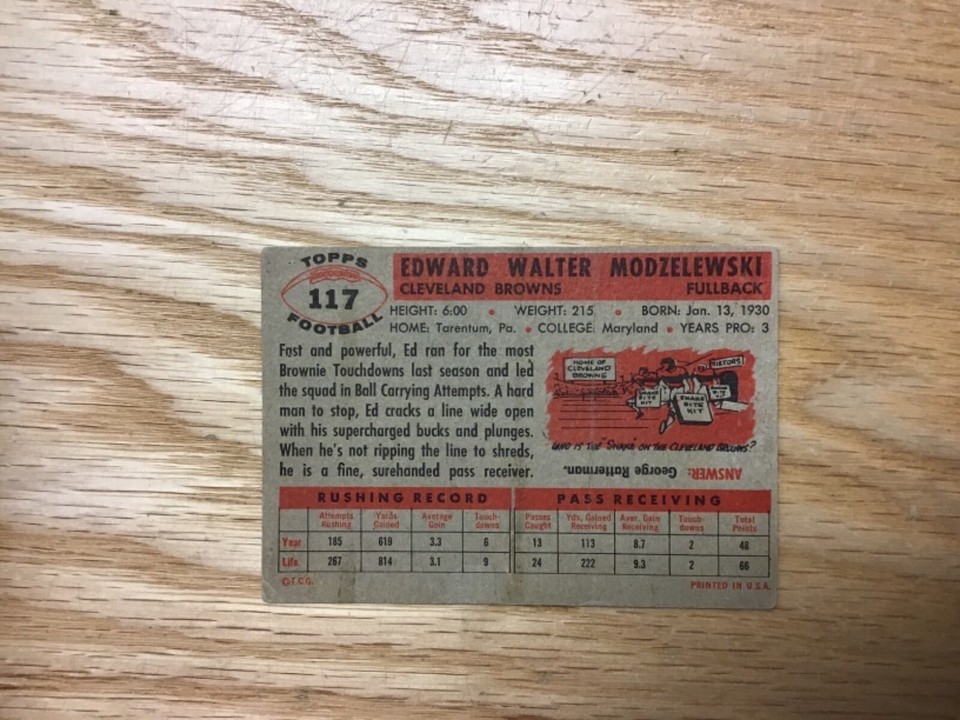 1956 Topps Football Ed Modzelewski Cleveland Browns Card #117 | eBay