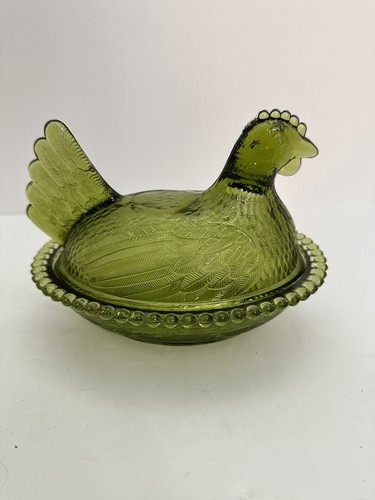 Vintage INDIANA Glass Olive Green Chicken / Hen on Basket Nest 7 ...