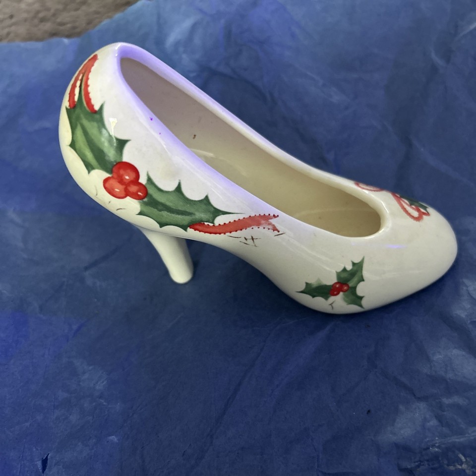 Ceramic High Heel Shoe Planter With Painted Red and Green Bows Berries ...