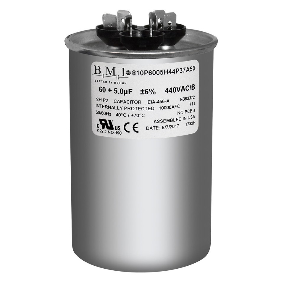 60 + 5 uF MFD Round Dual Run Capacitor 370 / 440 VAC USA Made Replaces ...