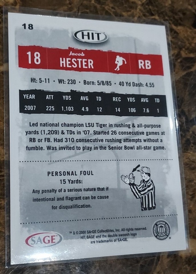 2008 SAGE HIT Silver Football #18 Jacob Hester LSU Tigers | eBay