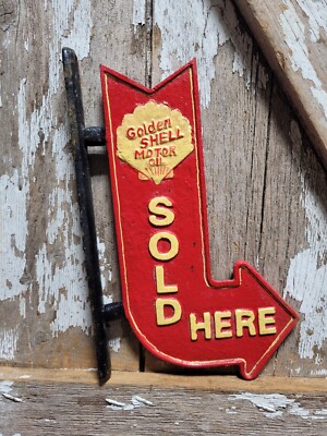 VINTAGE SHELL SIGN CAST IRON OLD ARROW FLANGE GAS STATION MOTOR OIL ...
