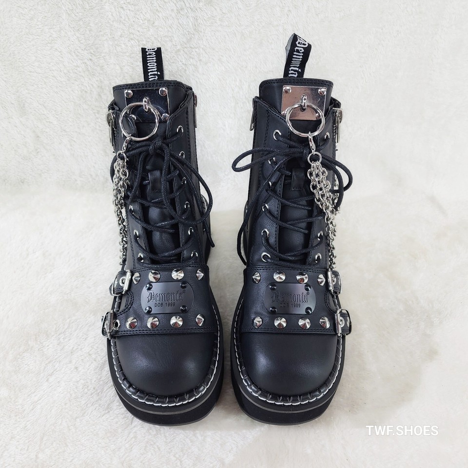 DEMONIA Emily 57 Black Goth Emo Rock 2" Platform Ankle Boots Chain ...