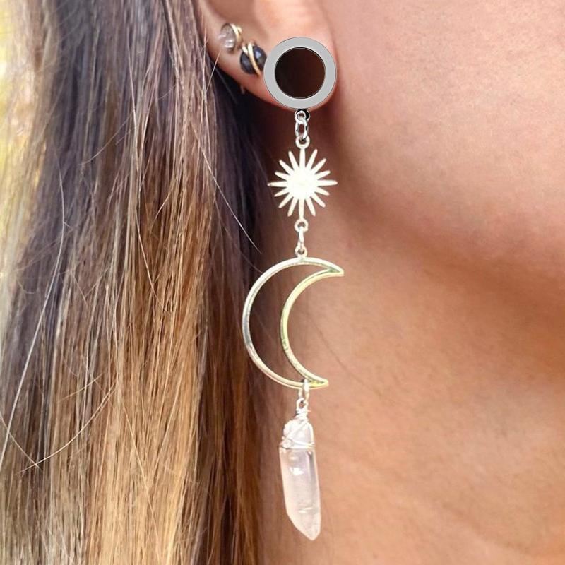 Pair Dangle Sun Hollow Moon Crystal Ear Tunnels Ear Gauges Plugs Body ...