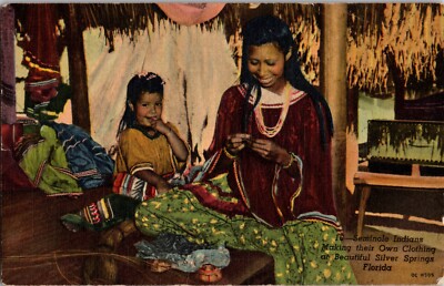 Vtg Postcard, Seminole Indians Making Clothes, Silver Springs Fla. PM ...