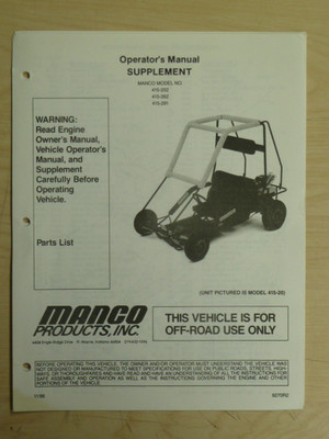 MANCO MODEL 415-202 415-262 415-291 GO KART PARTS LIST OPERATORS MANUAL ...