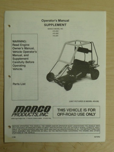 MANCO MODEL 415-202 415-262 415-291 GO KART PARTS LIST OPERATORS MANUAL ...