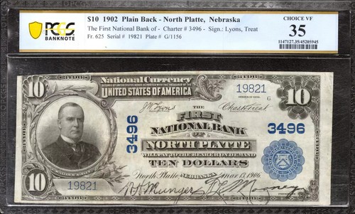 1902 $10 FIRST NATIONAL BANKNOTE CURRENCY NORTH PLATTE NEBRASKA PCGS 35 ...