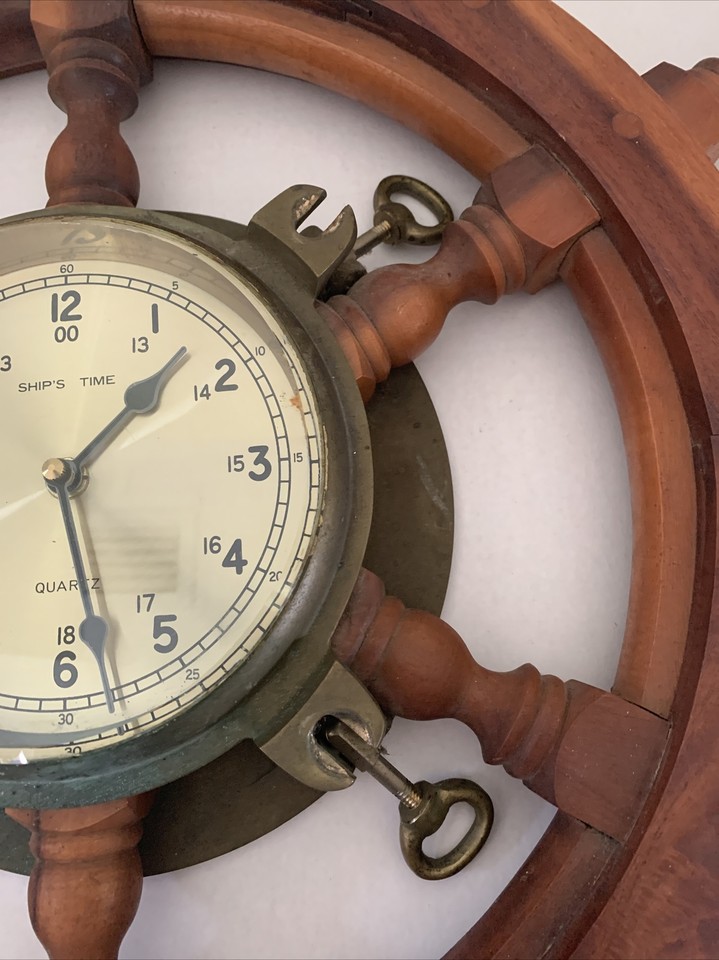 Ships Wheel Captain's Clock Wood Wooden Quartz Maritime Nautical Boat ...